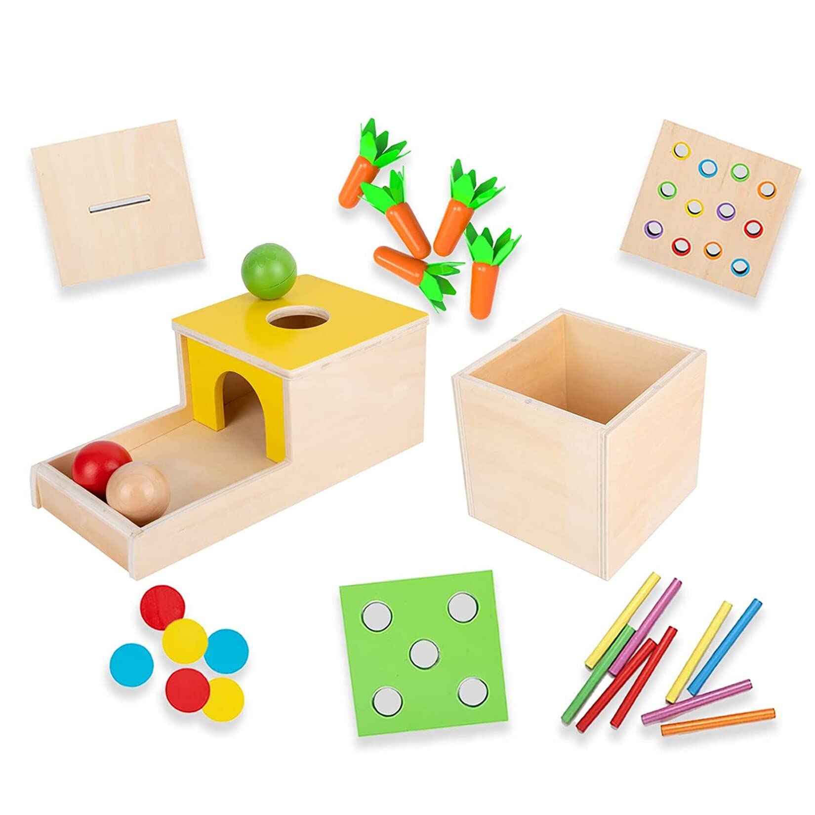 Tiger Montessori Box Wooden Play Kit, 3-in-1 Activity Cube: Includes Carrot Harvest, Object Permanent Box, Coin Box - Early Development Learning for Toddlers Ages 1-3