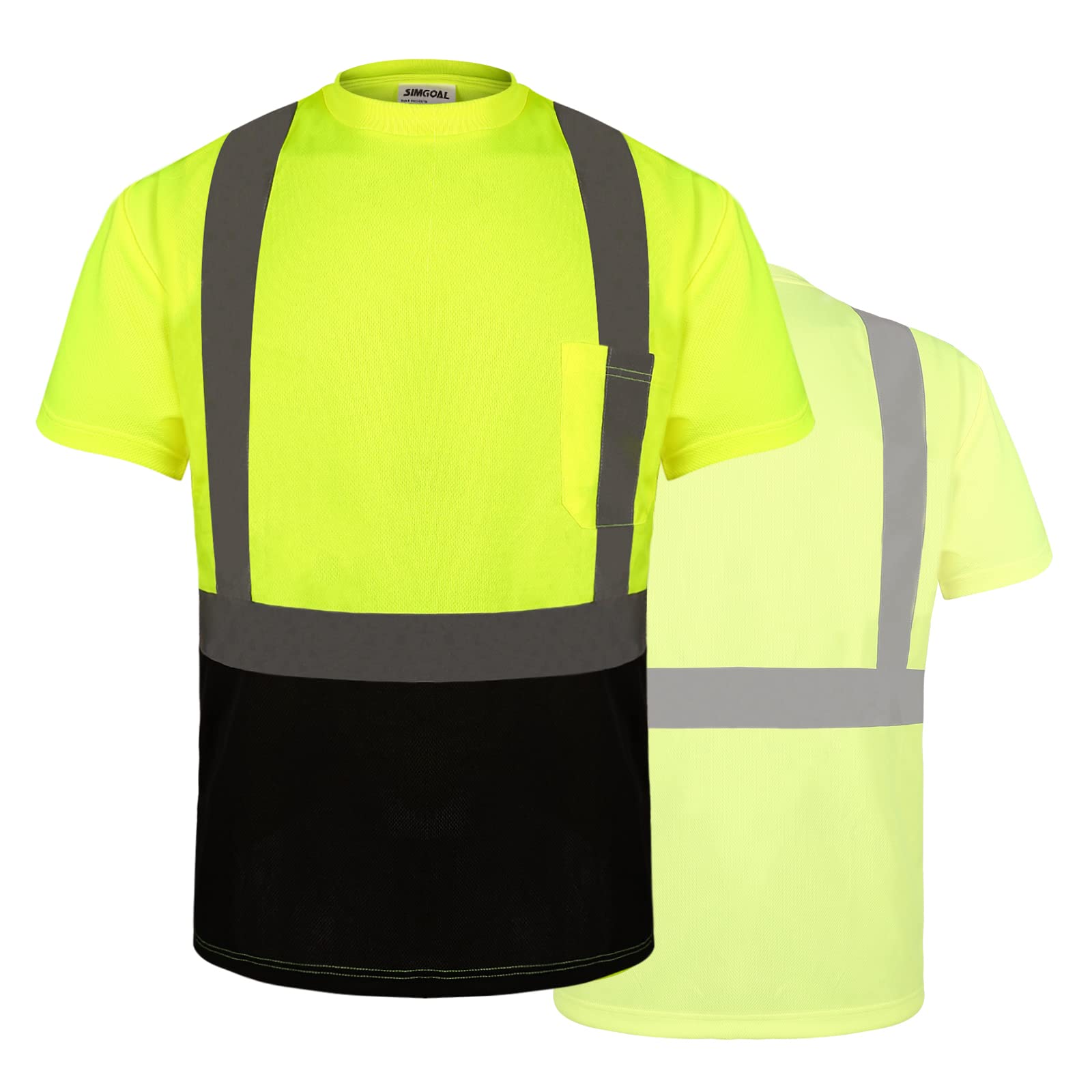 SIMGOAL High Visibility Short Sleeve Safety Shirt,3 Packs Yellow&Black,XXL,Breathable Unisex 360°Reflectivity Short Sleeve T Shirt with Front Pocket for Work Volunteer Guard Construction,Fast Dry