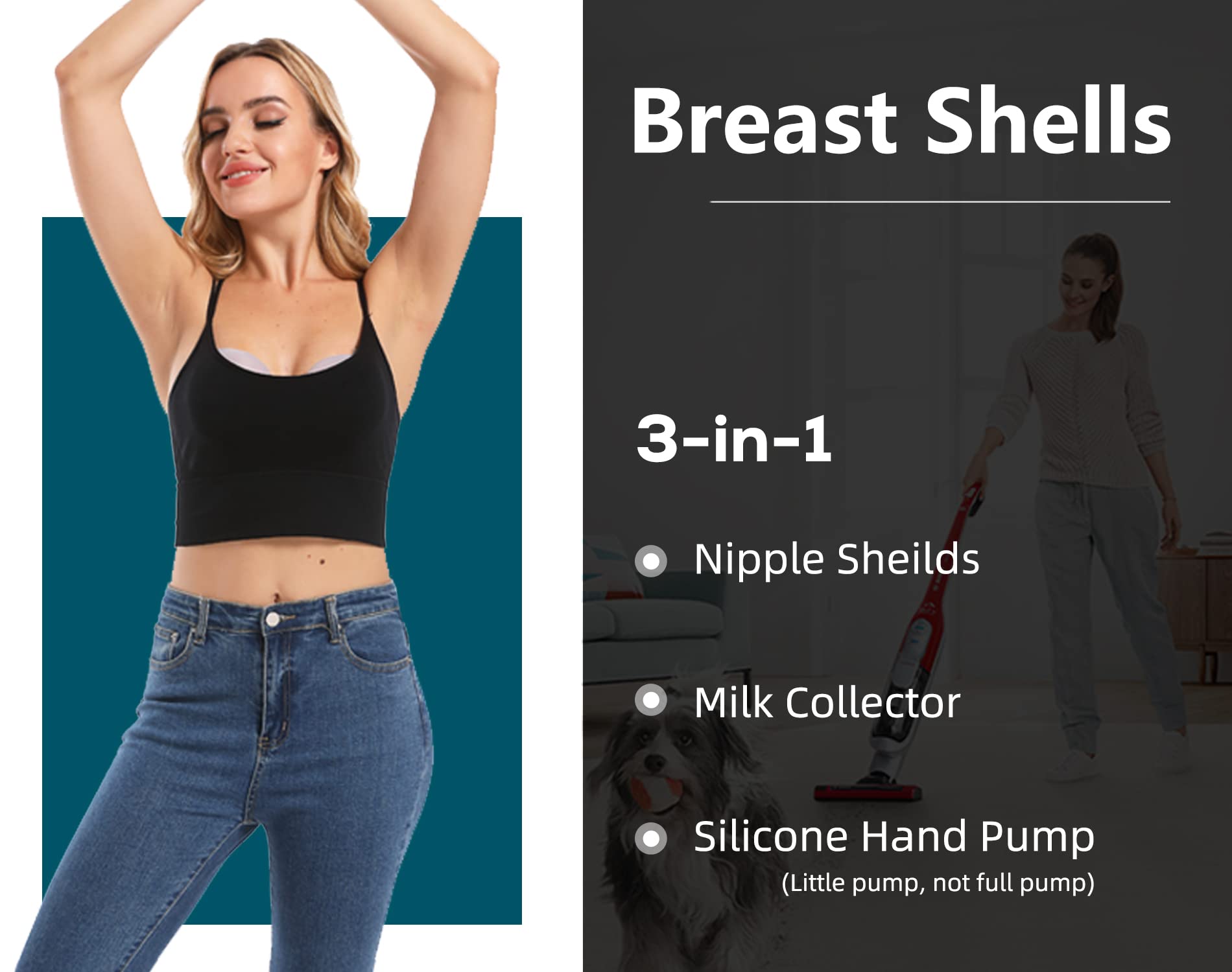 3-in-1 Breast Shells for Sore Nipples | Milk Collector | Breast Pump with Natural Suction | Fit in Bra, Kick-Proof, Not Elephant Trunk When Wearing | Nipple Shells | Anti Dirt Case | 4oz/120ml, 2Pcs