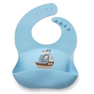 beanie kate silicone feeding bib,durable pocket adjustable strap bpa free silicone waterproof easy cleanup comfortable for babies & toddlers (pirate ship),blue,6 month2 years