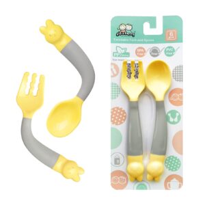 baby feeding spoon fork set utensil bendable handle training, bpa free, kids tableware in assorted colors for infant toddlers easy grip self feeding