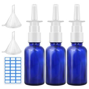 cupohus nasal spray bottle, 3 pcs 30ml/1oz cobalt blue glass refillable fine mist sprayers atomizers, travel sized, empty nasal sprayer with funnels and labels