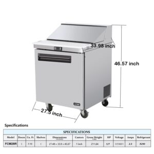 KITMA 28" W Sandwich/Salad Prep Table Refrigerator, Single Door Salad Prep Table with 7.5 Cu.Ft Commercial Refrigerator Base, Cutting Board, and 12 Pans Capacity (33 °F - 38°F)