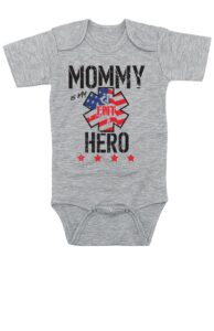 teenow - mommy is my hero (custom for police, fire & emt) - baby/infant, onesie/bodysuit, boy/girl/unisex (3-6 months, grey - emt)