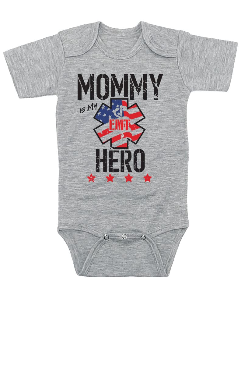 TeeNow - Mommy Is My Hero (Custom for Police, Fire & EMT) - Baby/Infant, Onesie/Bodysuit, Boy/Girl/Unisex (3-6 Months, Grey - EMT)