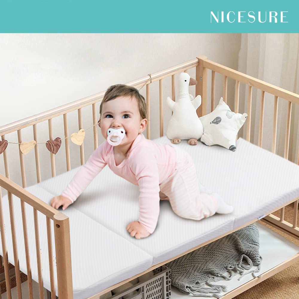 Nicesure Tri-fold Memory Foam Pack n Play Mattress Pad - Portable Folded Playard Mattresses with Washable Cover - Double Soft Side for Toddlers Fits (38"x26")