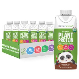 kindersprout protein shake | organic & plant based, great for kids | on-the-go and lunchbox safe | 28 vitamins, 8g plant protein, 3g fiber | doctor formulated | chocolate, 12-pack