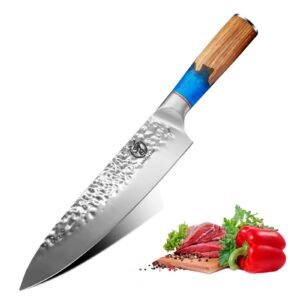 zeng jia dao chef knife 8" - professional kitchen knife - razor sharp chefs knife with hammer finish, ergonomic pakkawood blue resin handle 2023 gift