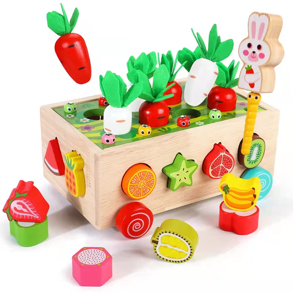 GRINNNIE Montessori Toys for Toddlers 3 4 5 Years Old, Wooden Shape Sorting Toys Preschool Educational Fine Motor Skills Learning Carrot Harvest Game, Great Birthday Gift for Boys Girls