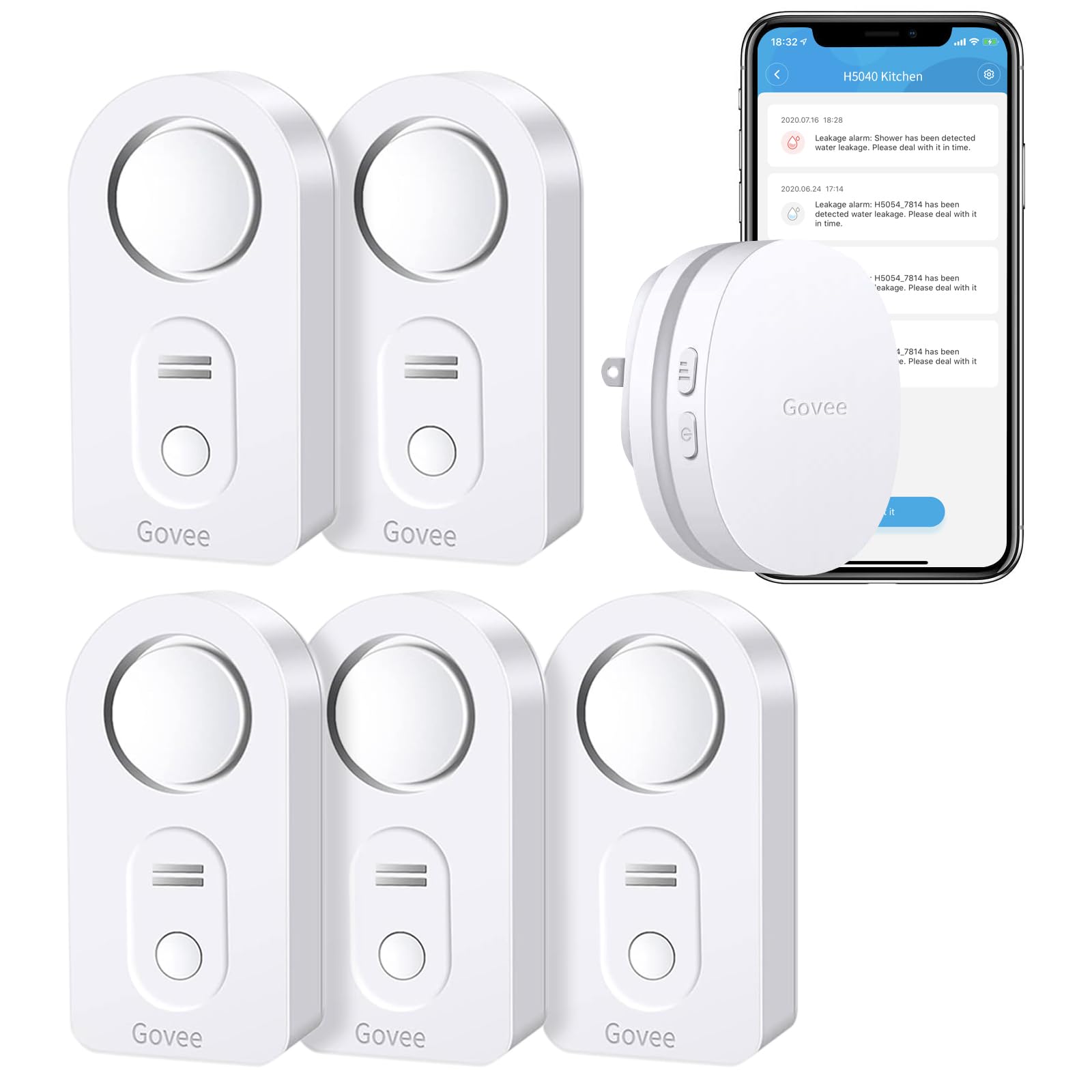 Govee WiFi Water Sensor 3 Pack, 100dB Adjustable Alarm Bundle with Govee Water Detectors 2 Pack, 100dB Adjustable Audio Alarm Sensor