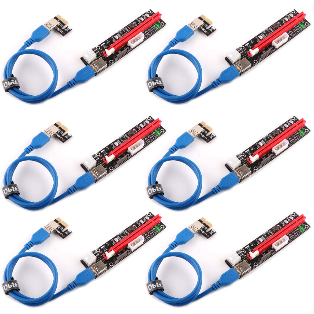 Ubit 6 Pack Latest GPU PCI-E Riser Express Cable 16X to 1X (6pin / MOLEX/SATA) with Led Graphics Extension Ethereum ETH Mining Powered Riser Adapter Card