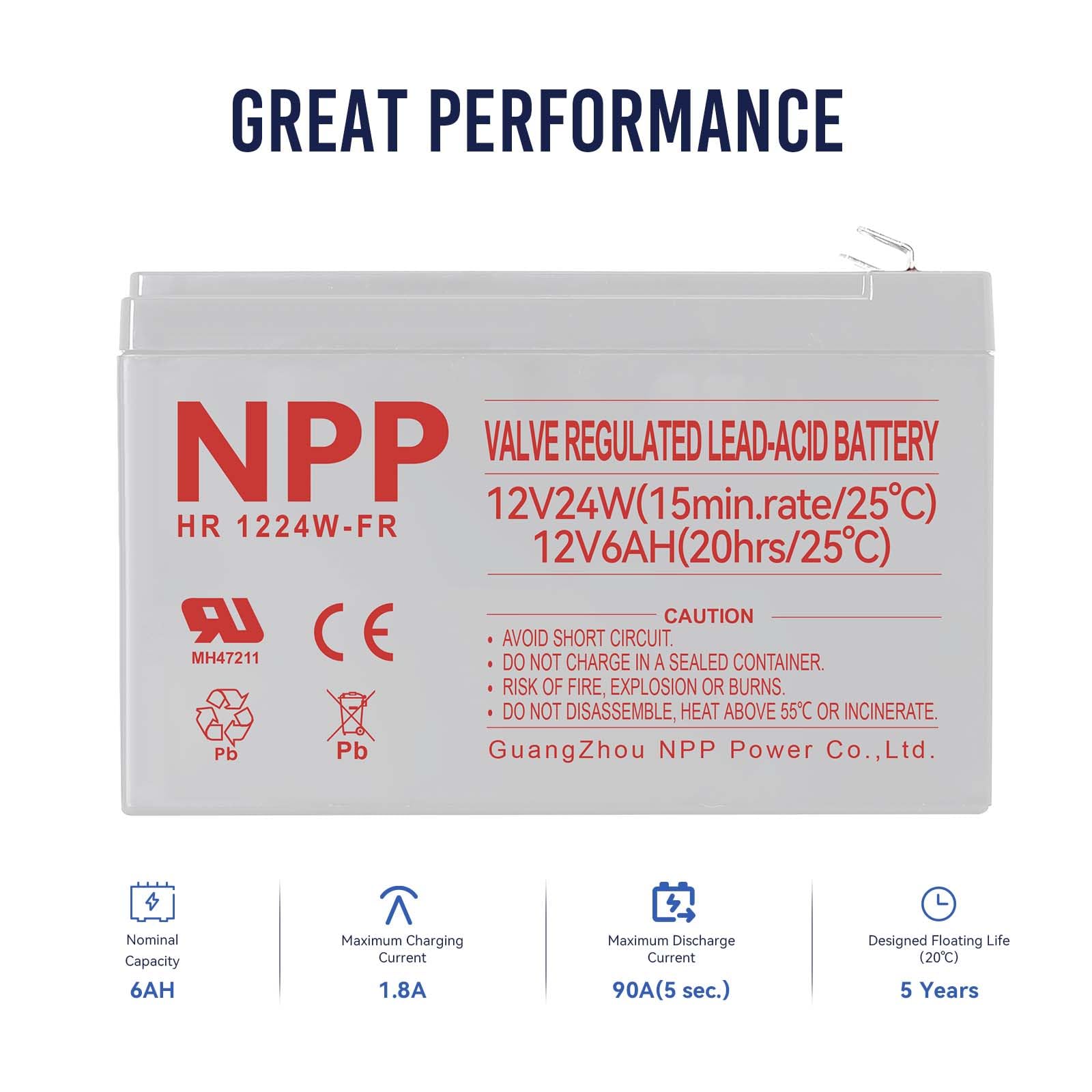 NPP HR1224W 12V 144Watts 24Watt/ Cell AGM Sealed Lead Acid Rechargeable UPS Battery, Replace 12V 6Ah, 6.5Ah APC Back-UPS NS 1250, Flame Retardant High Rate UPS Battery