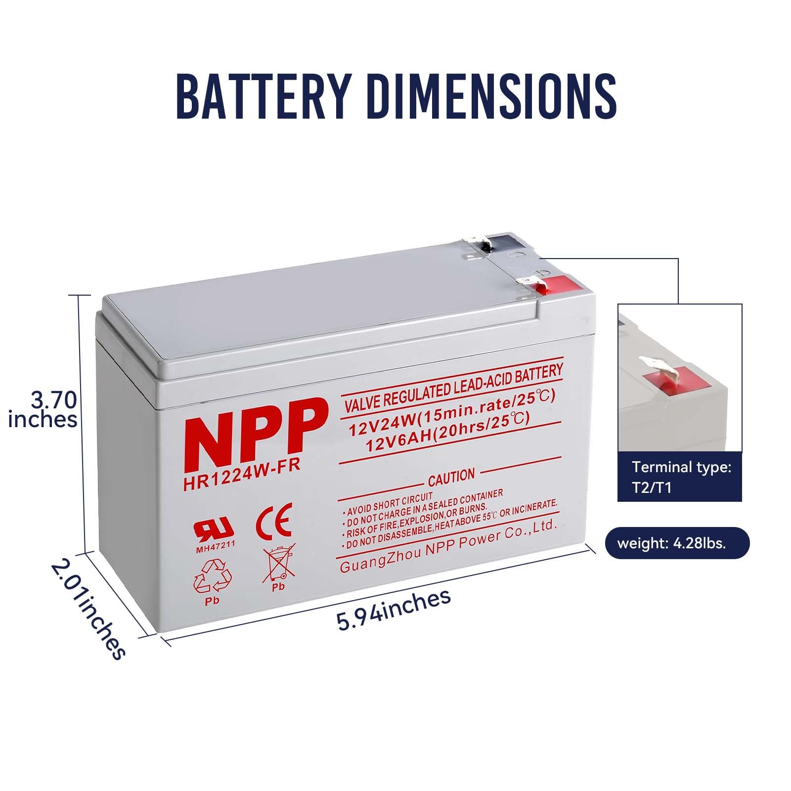 NPP HR1224W 12V 144Watts 24Watt/ Cell AGM Sealed Lead Acid Rechargeable UPS Battery, Replace 12V 6Ah, 6.5Ah APC Back-UPS NS 1250, Flame Retardant High Rate UPS Battery