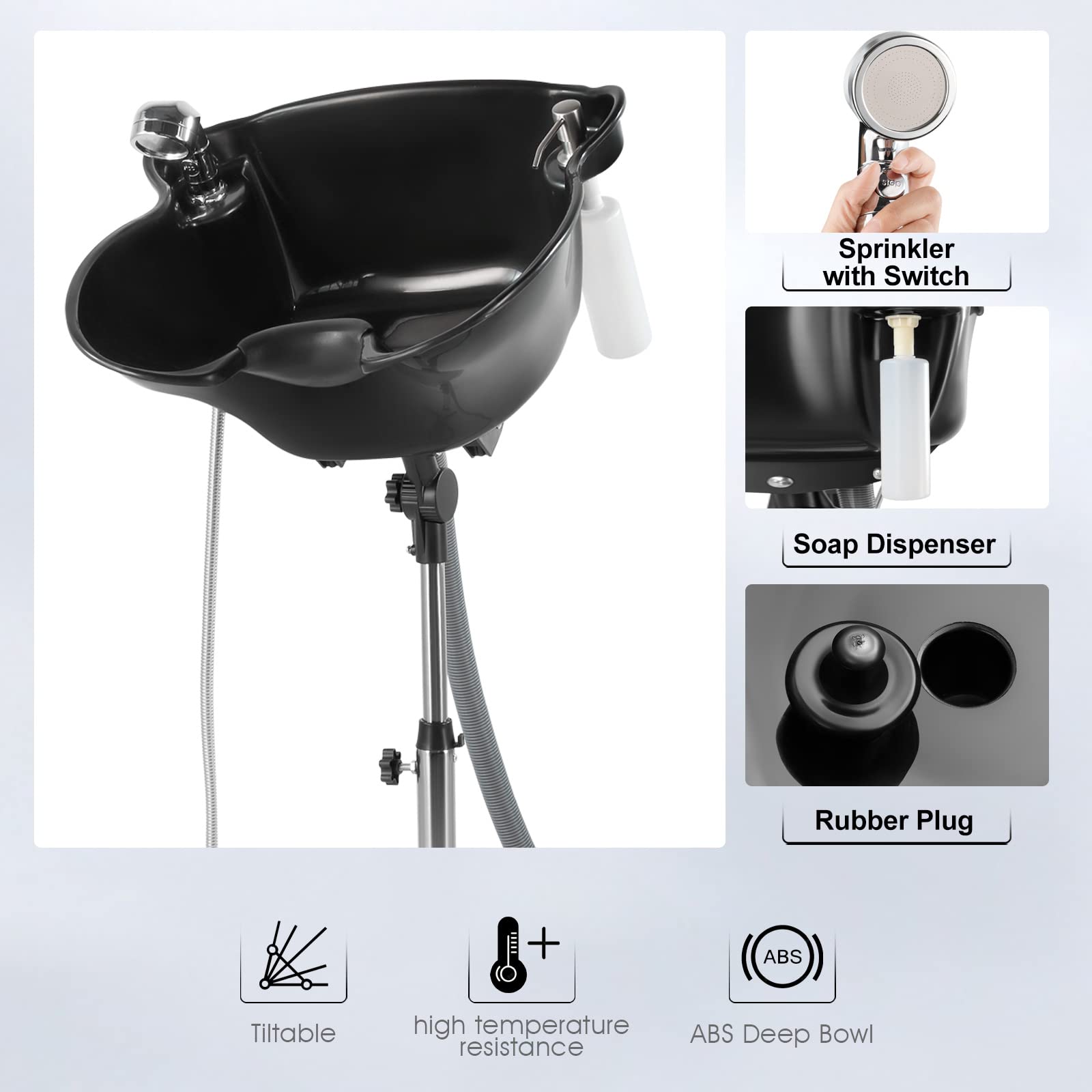 Artist hand Shampoo Bowl Portable Salon Sink with Adjustable Height and Drain; Sprinkler with Switch Hair Washing Basin Salon Chair Barber Deep Bowl