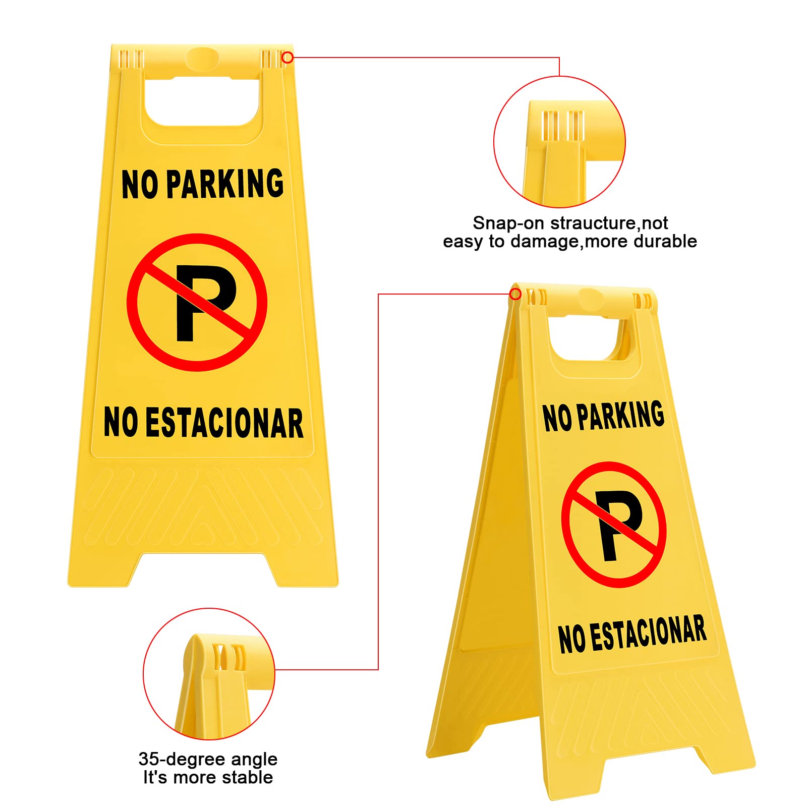 ANZEKE Two-Sided Fold-Out No Parking Signs, 2Pack Yellow Portable Outdoor Folding Floor Sign, Bilingual Self Standing & Easy to Read Plastic Board for Restaurants and Businesses