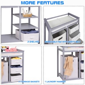 Obbao Changing Table, Baby Changing Table, Changing Table with Hamper, 3 Storage Baskets Drawers, Safety Strap and Removable Pad, Grey