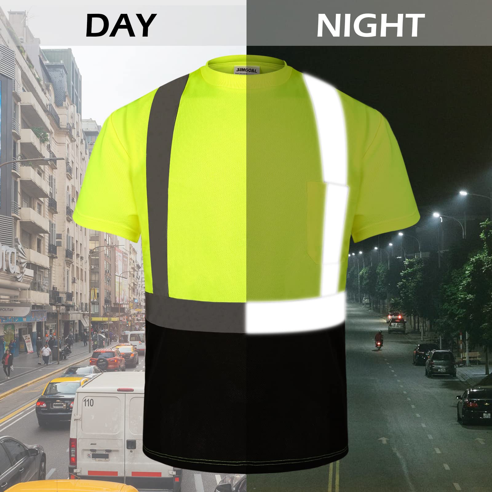 SIMGOAL High Visibility Short Sleeve Safety Shirt,3 Packs Yellow&Black,XXL,Breathable Unisex 360°Reflectivity Short Sleeve T Shirt with Front Pocket for Work Volunteer Guard Construction,Fast Dry