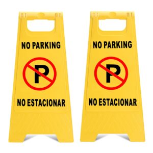 anzeke two-sided fold-out no parking signs, 2pack yellow portable outdoor folding floor sign, bilingual self standing & easy to read plastic board for restaurants and businesses