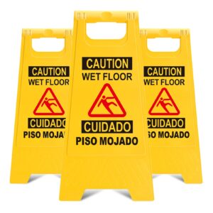 anzeke caution wet floor signs, 3 pack double sided a-frame bright yellow warning signs, bilingual warning ideal for commercial use, slip & fall accident prevention