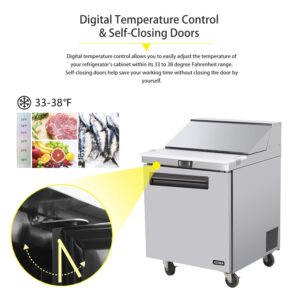 KITMA 28" W Sandwich/Salad Prep Table Refrigerator, Single Door Salad Prep Table with 7.5 Cu.Ft Commercial Refrigerator Base, Cutting Board, and 12 Pans Capacity (33 °F - 38°F)