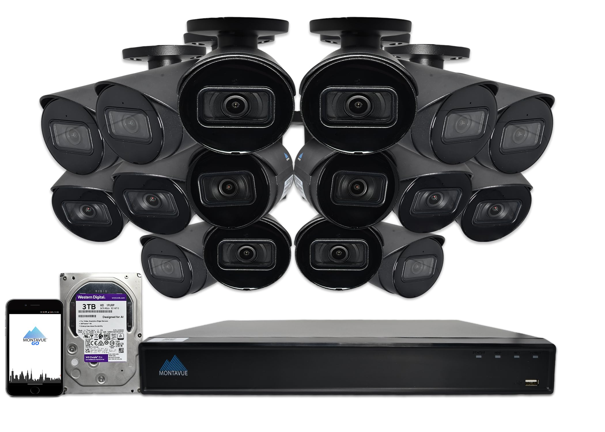 4K Security Camera System w/ 4K (8MP) 16ch POE NVR, 4K 8 Megapixel Bullet Cameras, Metal IP67 Weatherproof POE IP Cameras, 3TB Pre-Installed Hard Drive (16, Black)