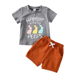 mozikqin baby boy easter outfit bunny short sleeve t-shirt top and casual shorts set toddler boys easter outfits (hangin with my peeps outfit,2-3t)