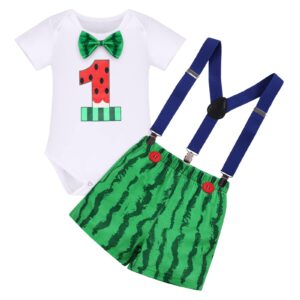 watermelon 1st birthday outfit boy baby cake smash one in a melon gentleman bowtie romper suspenders toddler bloomers shorts first watermelon birthday party supply for photo shoot clothes 1 year