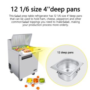 KITMA 28" W Sandwich/Salad Prep Table Refrigerator, Single Door Salad Prep Table with 7.5 Cu.Ft Commercial Refrigerator Base, Cutting Board, and 12 Pans Capacity (33 °F - 38°F)