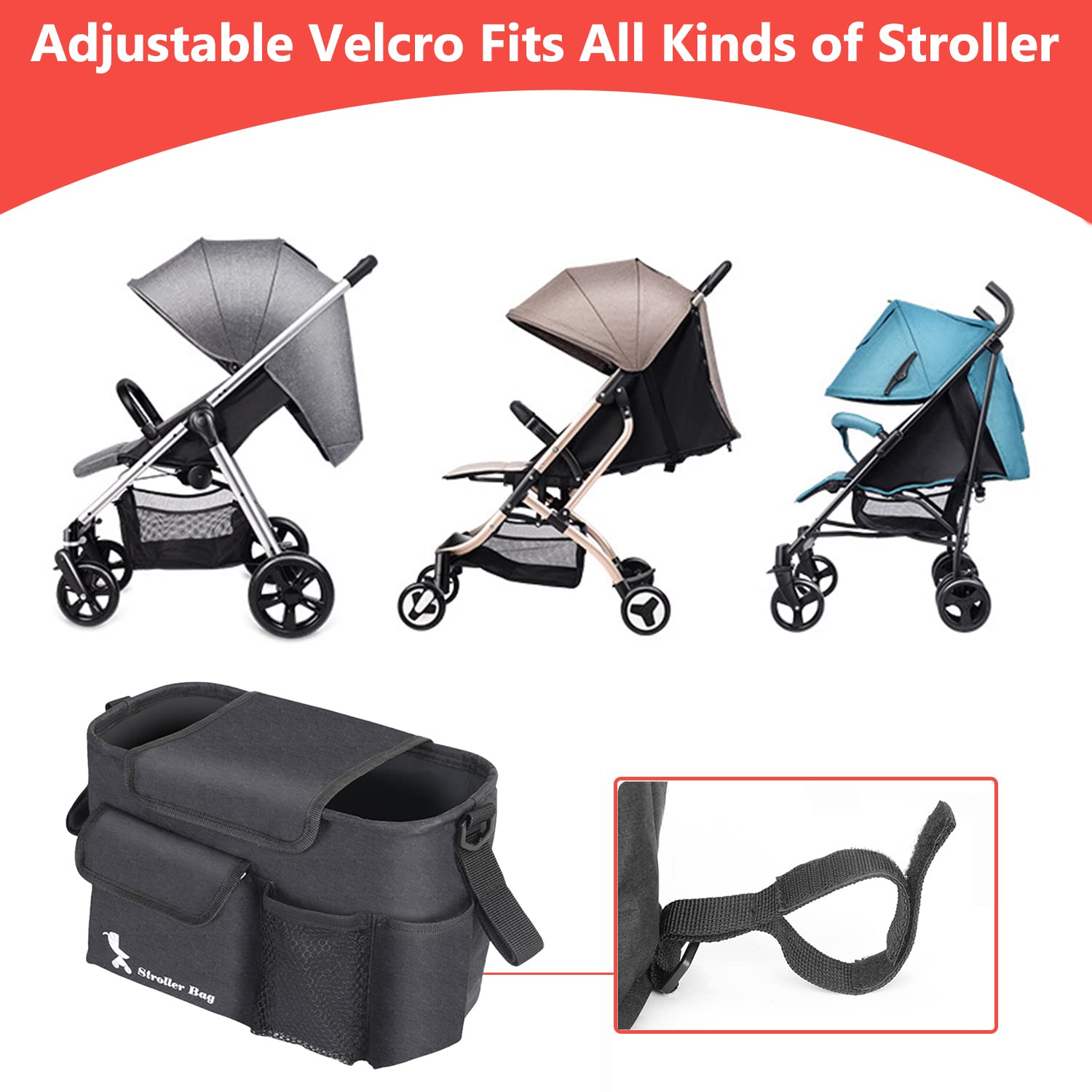 DJCLADUO Universal Stroller Organizer Bag with Insulated Cup Holder- Detachable Zippered Bag & Adjustable Strap, Fits for All Baby Stroller Models