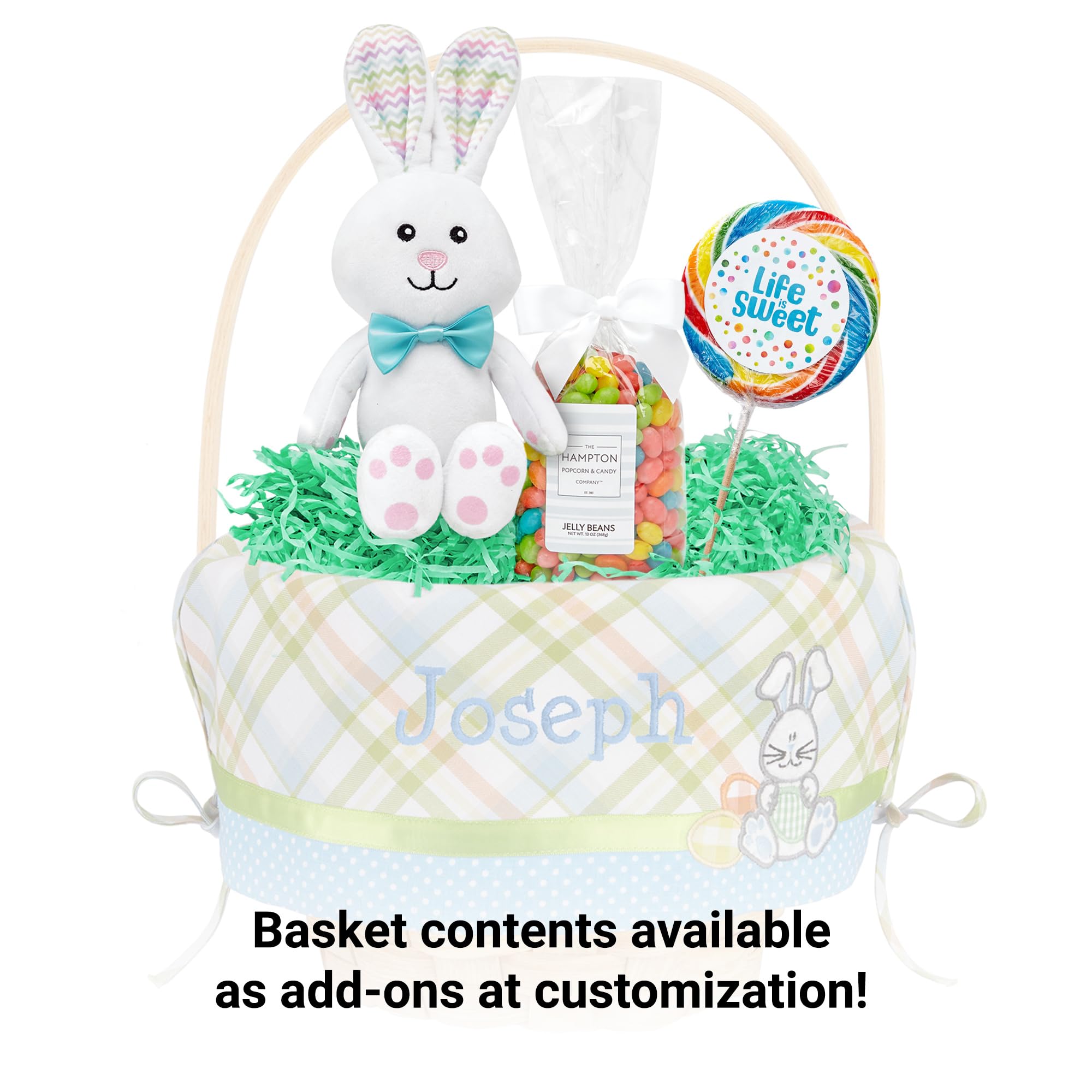 Let's Make Memories Personalized Easter Basket - Create Your Own - Wicker Basket - Embroidered Liner - Large - Blue Bunny Applique