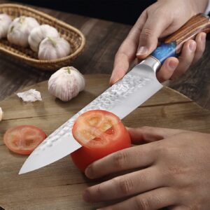 ZENG JIA DAO Chef Knife 8" - Professional Kitchen Knife - Razor Sharp Chefs Knife with Hammer Finish, Ergonomic Pakkawood Blue Resin Handle 2023 Gift