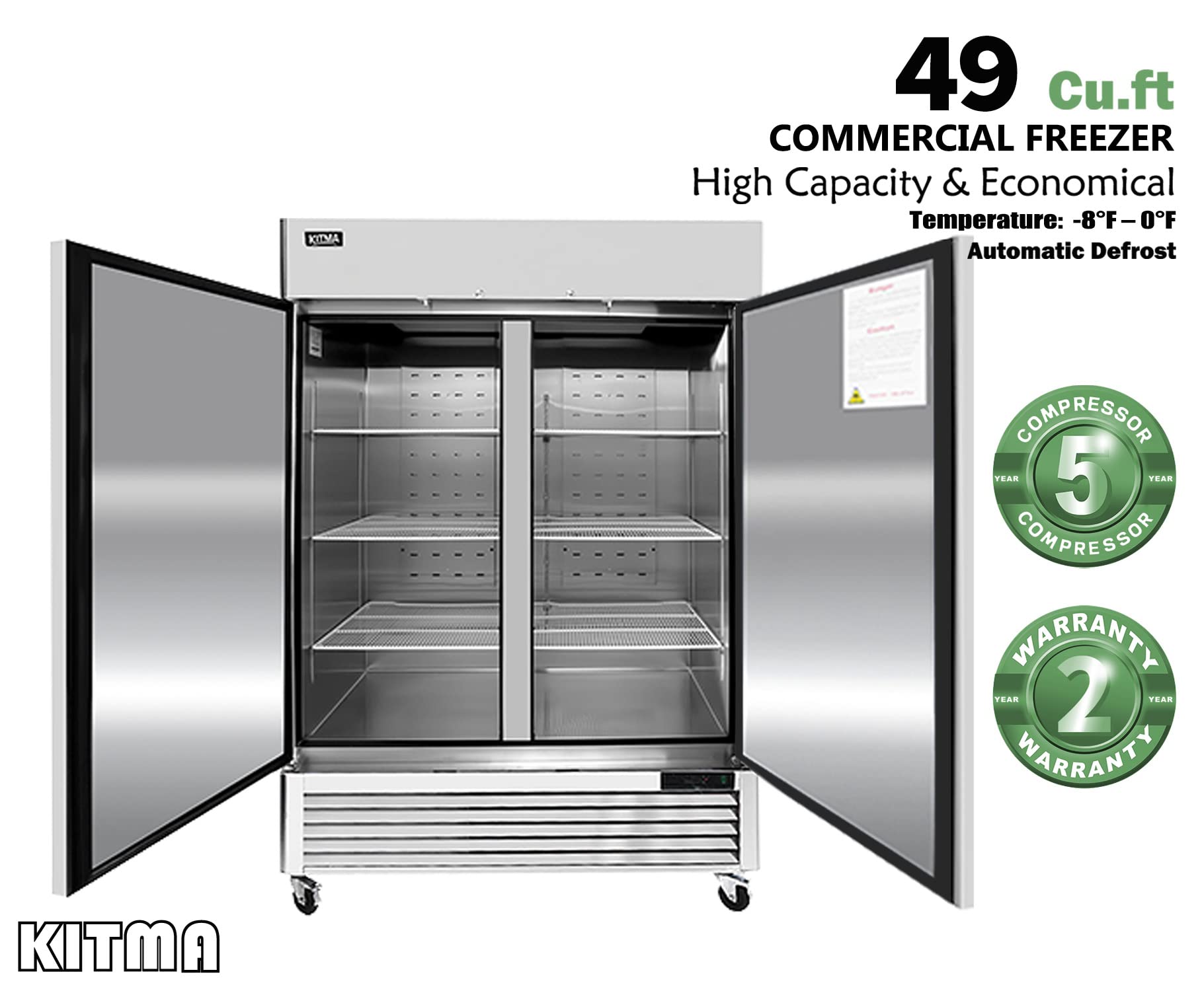 KITMA 2 Door Commercial Freezer 54" Commercial Reach-in Freezer Cooler, Commercial Fridge with LED Lighting, 49 Cu. Ft