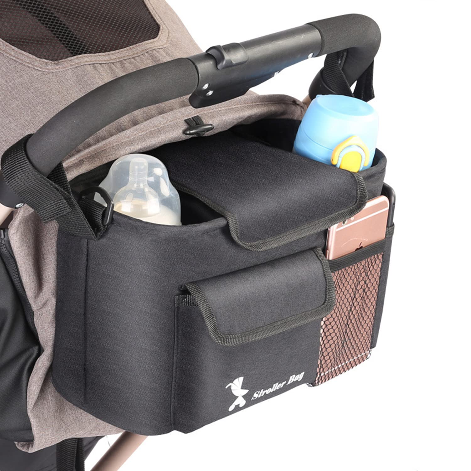 DJCLADUO Universal Stroller Organizer Bag with Insulated Cup Holder- Detachable Zippered Bag & Adjustable Strap, Fits for All Baby Stroller Models