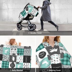 Personalized Woodland Deer and Bear Plaid Baby Infant Car Seats Canopy for Babies with Name, Custom Multi-use Blankets for Baby Boys Girls, Peekaboo Minky Nursing Stroller Cover Canopies for Newborn