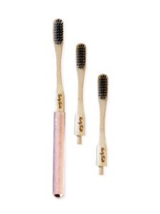 replaceable bamboo toothbrush aluminum handle - bpa free, soft bristles | eco-friendly, biodegradable, compostable, vegan & zero waste | 3 heads total | 9-12 months supply. (copper charcoal bristles)