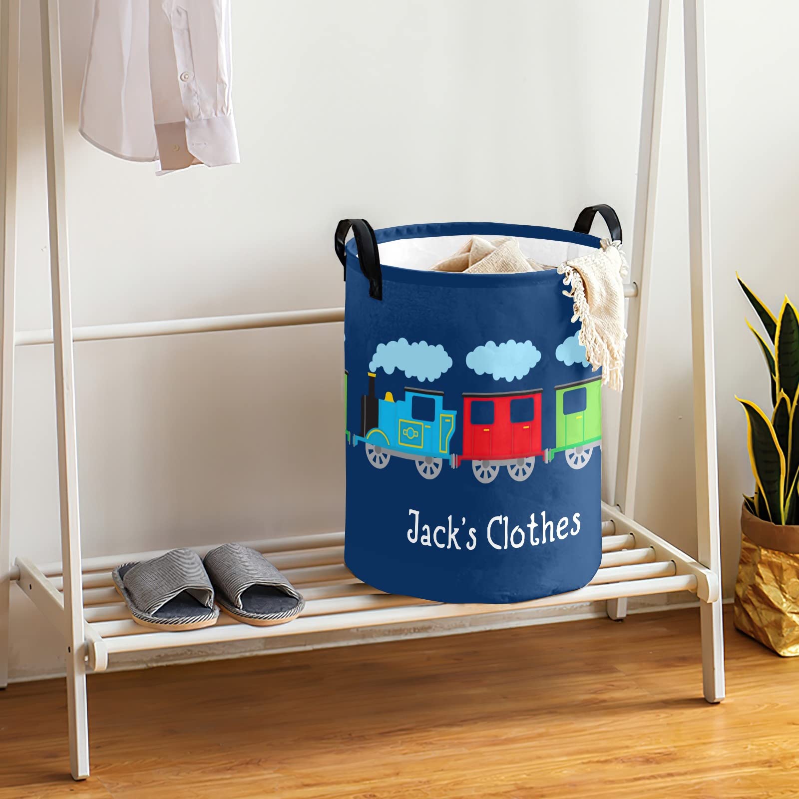 Grandkli Cartoon Train Personalized Freestanding Laundry Hamper, Custom Waterproof Collapsible Drawstring Basket Storage Bins with Handle for Clothes, Toy, 50cmx36cm