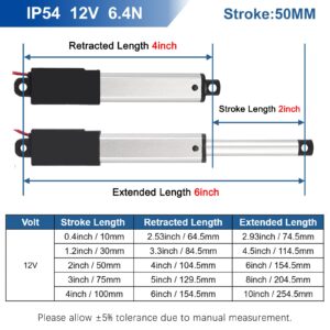 JQDML 2 Inch 2" Stroke DC 12V Micro Linear Actuator 1.44lbs/6.4N Speed 6"/sec with Mounting Brackets,for Robotics, Home Automation