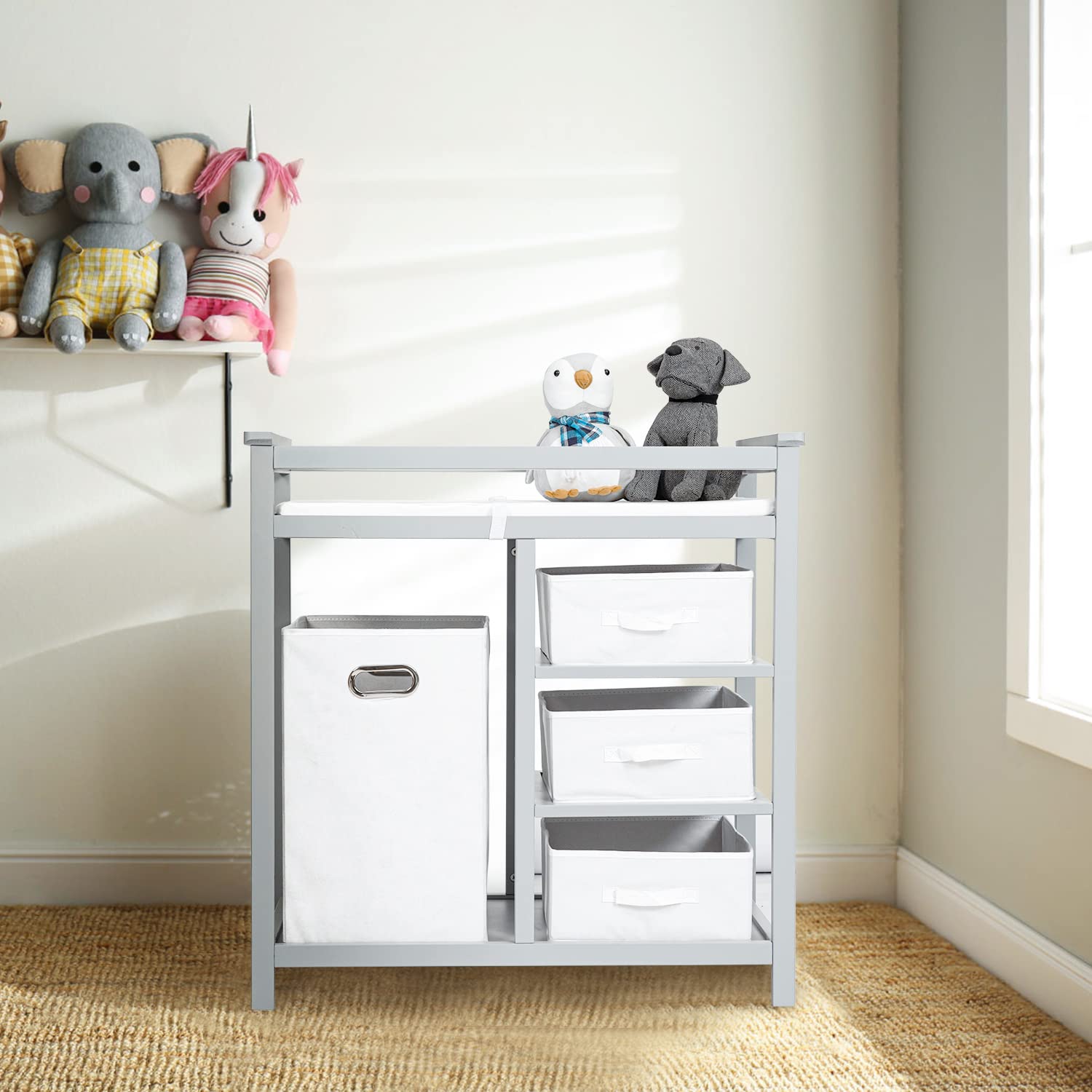 Obbao Changing Table, Baby Changing Table, Changing Table with Hamper, 3 Storage Baskets Drawers, Safety Strap and Removable Pad, Grey