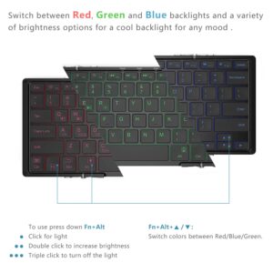 iClever BK05 Bluetooth Keyboard with 3-Color Backlight, Bluetooth 5.1 Multi-Device Foldable Keyboard with Aluminum Alloy Base for iOS Windows Android Tablets, Smartphones, Laptops, PC and More