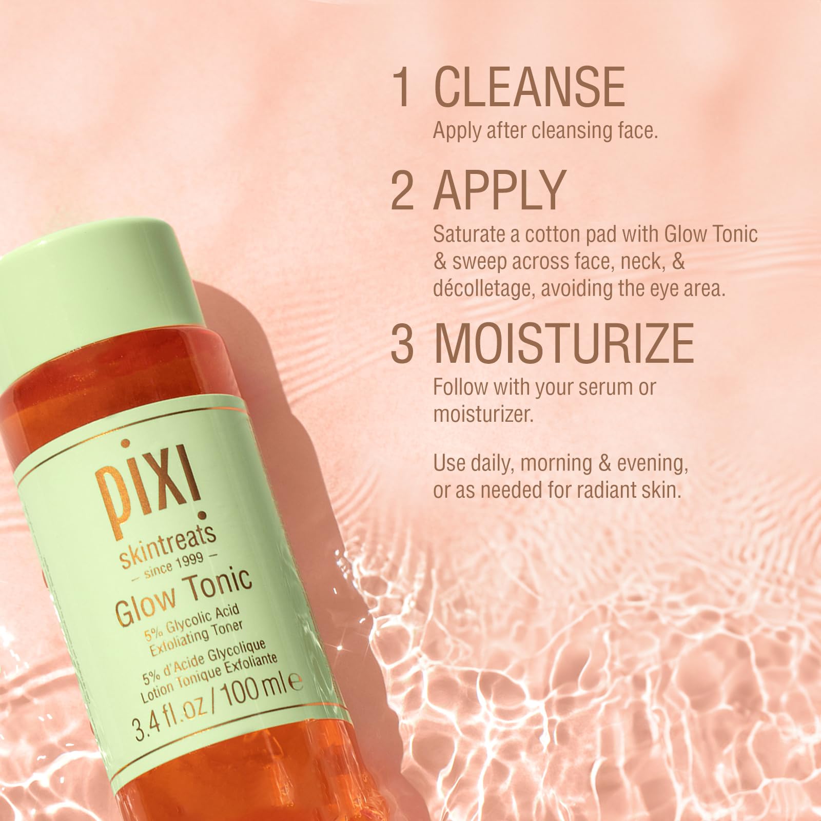 Pixi Glow Tonic Balancing Face Toner Glycolic Acid Toner for Radiant Skin Daily Brightening Toner (3.4 fl oz / 100 ml, Toner)