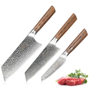 damascus kitchen knife set, 3 pieces japanese style kitchen knives 67 layer forged damascus vg10 steel, lightweight wood ergonomic handle for cooking knives set