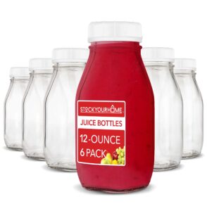 stock your home 12 oz glass juice bottles with caps (6 pack) - reusable glass bottles with 10 tamper proof snap-on caps - food grade glass bottles - juice containers with lids for cold beverages