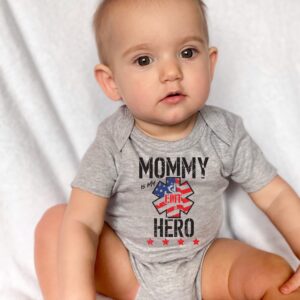 TeeNow - Mommy Is My Hero (Custom for Police, Fire & EMT) - Baby/Infant, Onesie/Bodysuit, Boy/Girl/Unisex (3-6 Months, Grey - EMT)