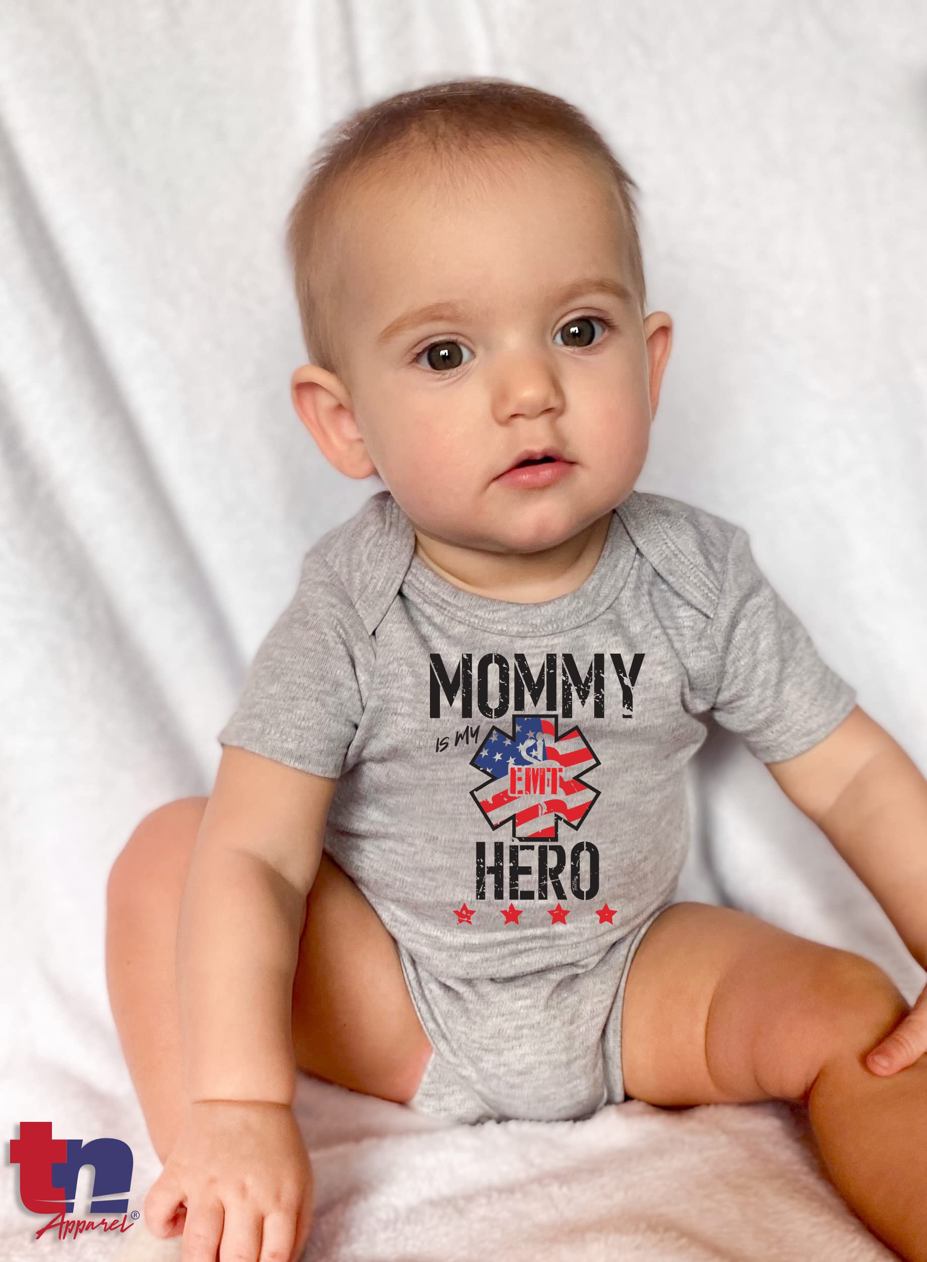 TeeNow - Mommy Is My Hero (Custom for Police, Fire & EMT) - Baby/Infant, Onesie/Bodysuit, Boy/Girl/Unisex (3-6 Months, Grey - EMT)