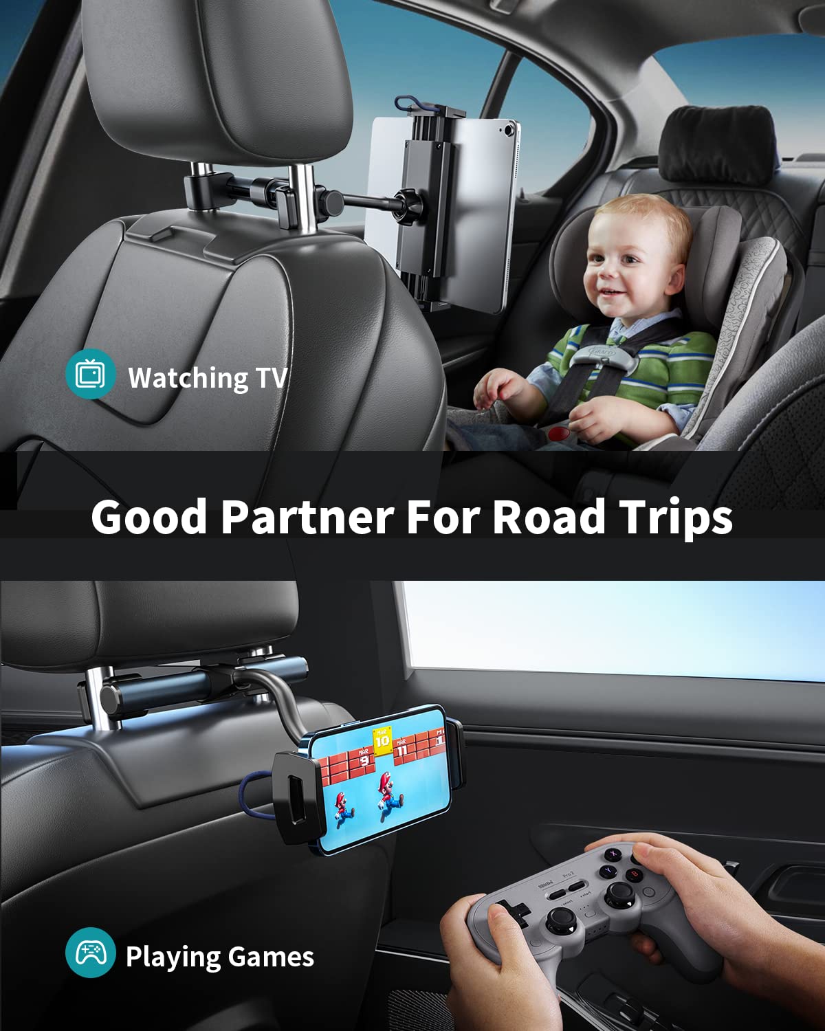 APPS2Car Tablet Holder for Car Headrest, iPad Holder for Car Back Seat, Adjustable Gooseneck Arm & 360° Rotation Fit for iPad Pro Air Mini/Samsung Tabs/Kindles or Other 4.7-12.9” Devices