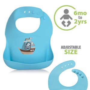 Beanie Kate Silicone Feeding Bib,Durable Pocket Adjustable Strap BPA Free Silicone Waterproof Easy Cleanup Comfortable for Babies & Toddlers (Pirate Ship),Blue,6 month2 years