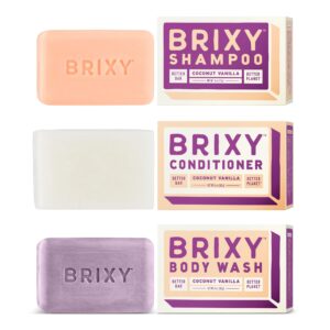 brixy balancing shampoo and conditioner bar set with moisturizing body wash bar, controls oil & hydrates strands, removes build up, moisturizes skin, all hair types, ph balance, color safe, vegan