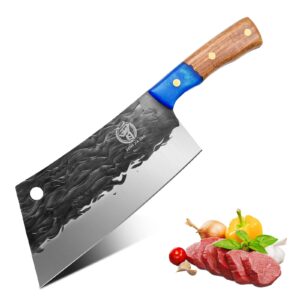 zeng jia dao cleaver knife - forged chinese kitchen chef knife 7 inch, blue resin handle, high carbon stainless, ergonomic handle, chef gift