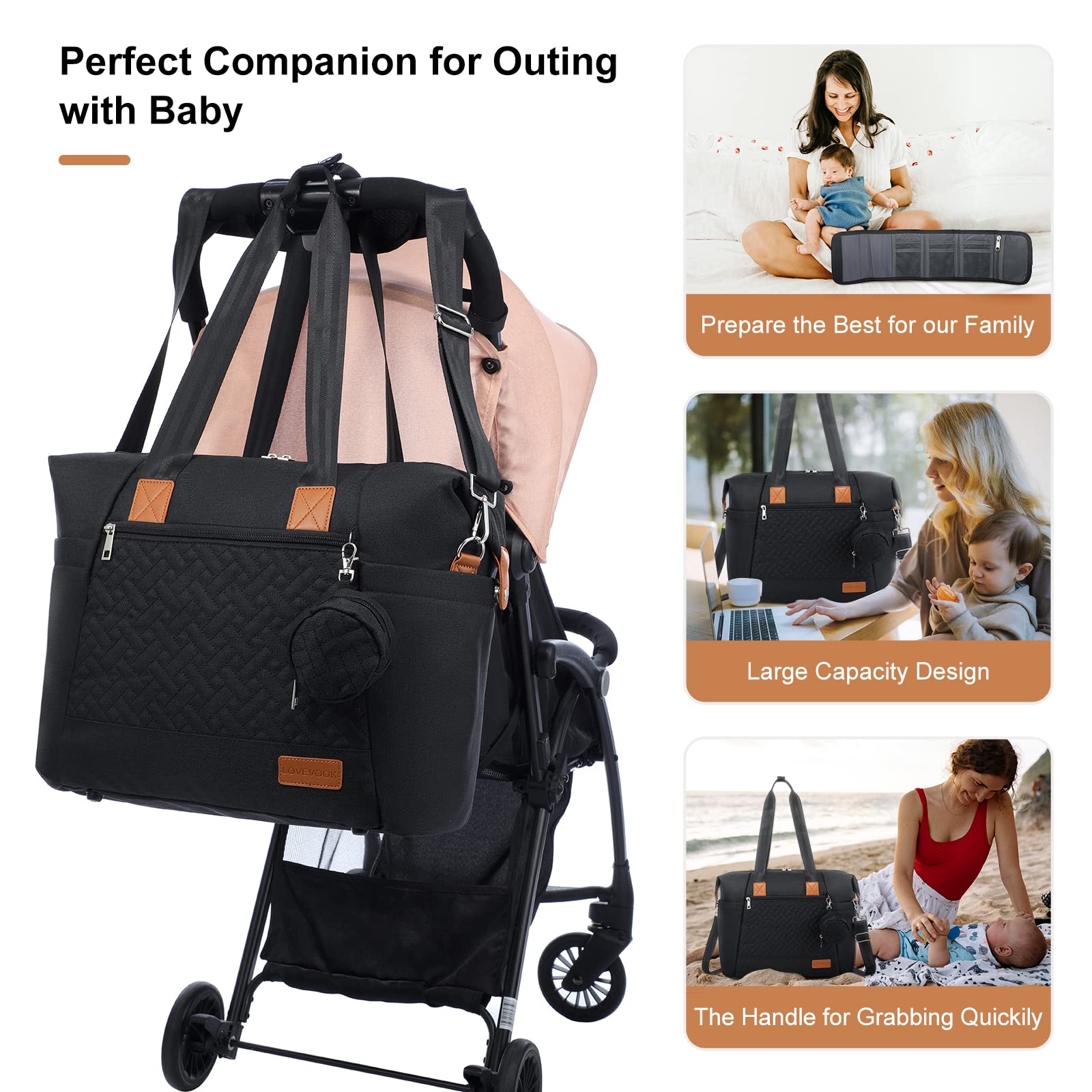 LOVEVOOK Baby Diaper Bag, Multifunction Baby Bags with Changing Pad & Insulated Pockets, Waterproof Design and Stylish, Perfect for Mom and Dad, Black