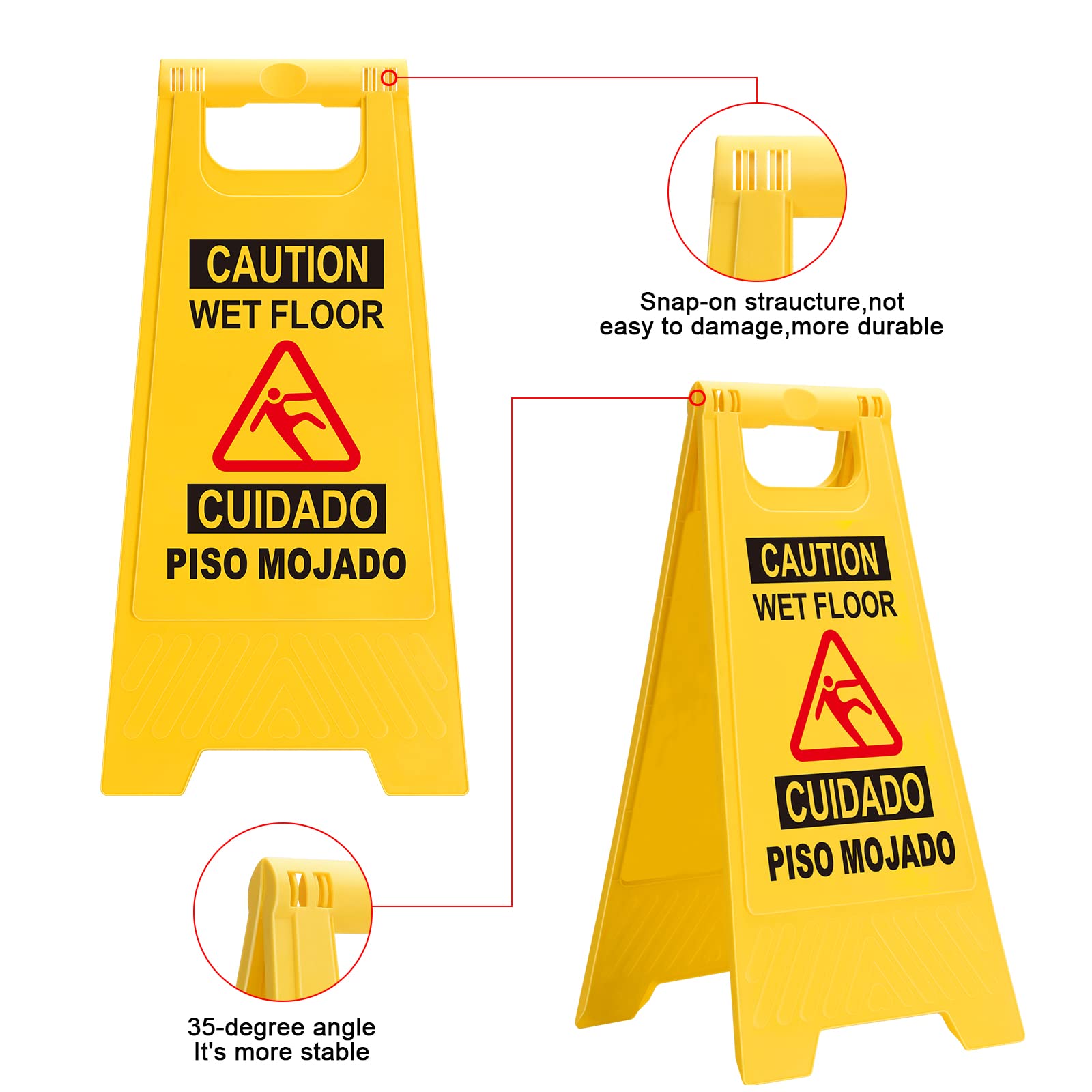 ANZEKE Caution Wet Floor Signs, 3 Pack Double Sided A-Frame Bright Yellow Warning Signs, Bilingual Warning Ideal for Commercial Use, Slip & Fall Accident Prevention